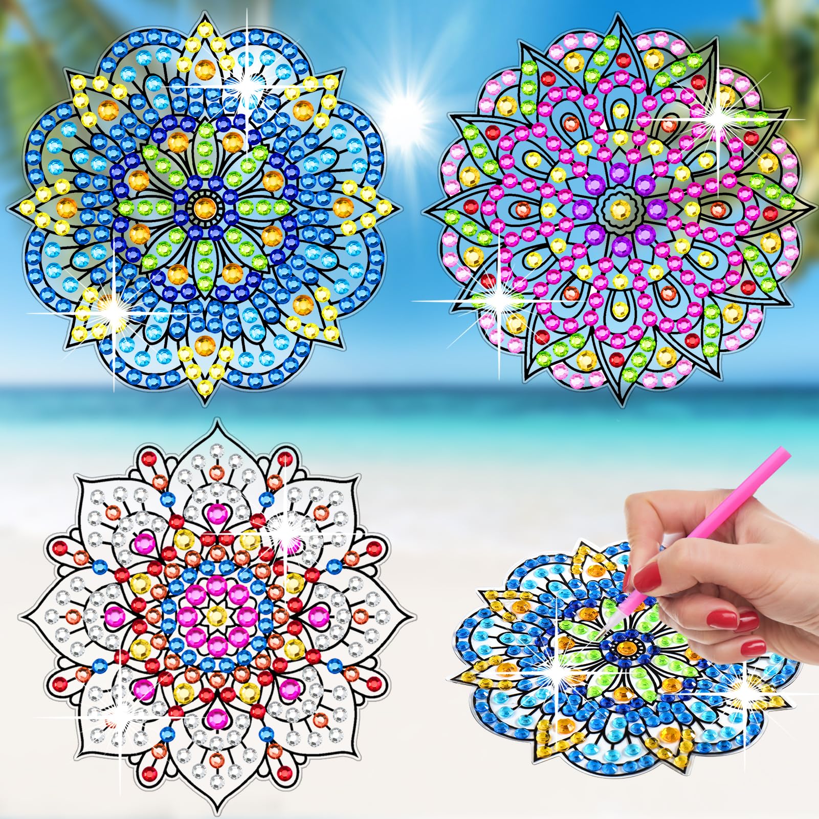 BSRESIN Diamond Art Stained Glass Window Clings with Diamond DIY Pen, 3 Pcs Mandala Window Stickers for Suncatchers, Diamond Art Kits for Adults, Diamond Art Accessories