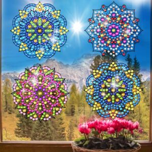 BSRESIN Diamond Art Stained Glass Window Clings with Diamond DIY Pen, 3 Pcs Mandala Window Stickers for Suncatchers, Diamond Art Kits for Adults, Diamond Art Accessories