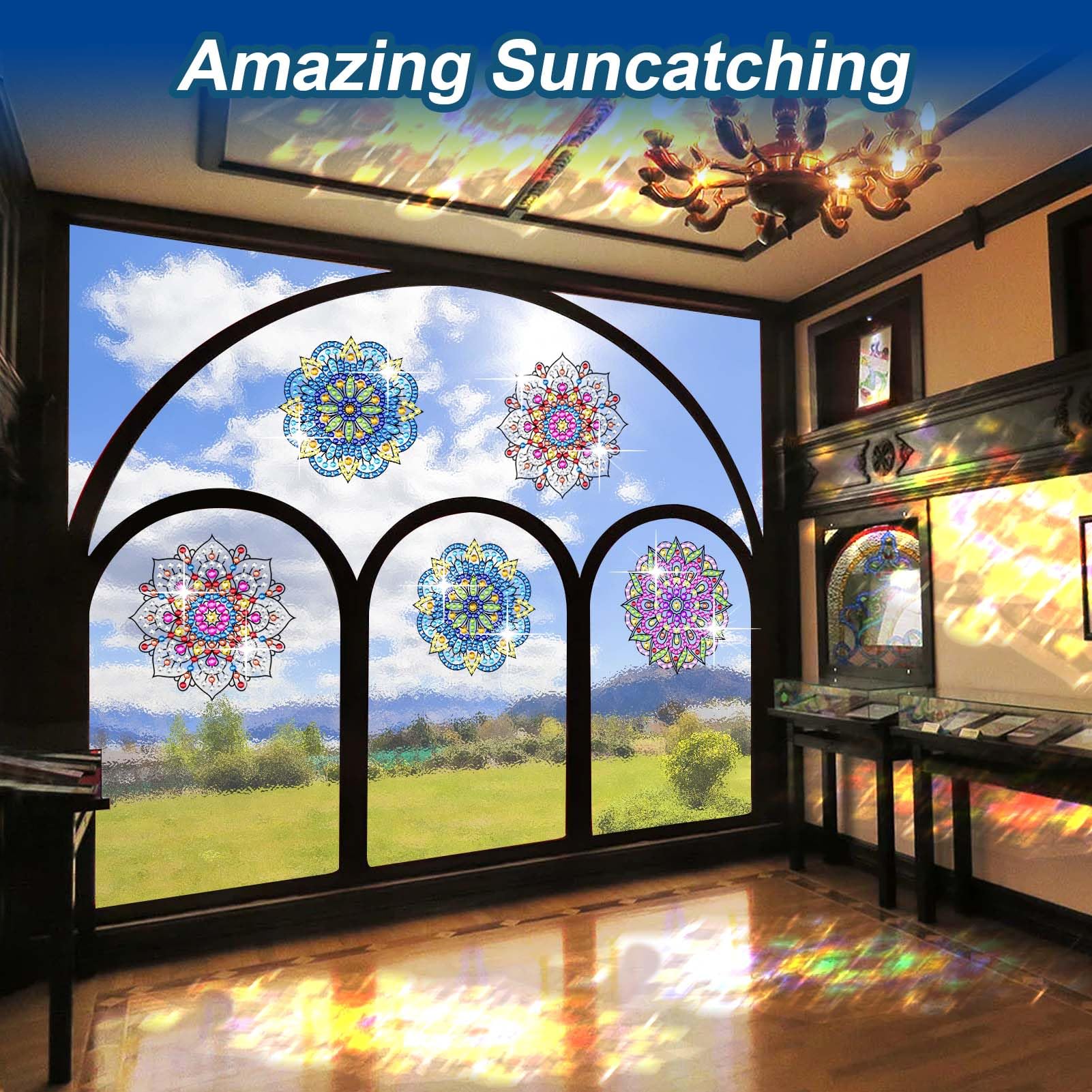 BSRESIN Diamond Art Stained Glass Window Clings with Diamond DIY Pen, 3 Pcs Mandala Window Stickers for Suncatchers, Diamond Art Kits for Adults, Diamond Art Accessories