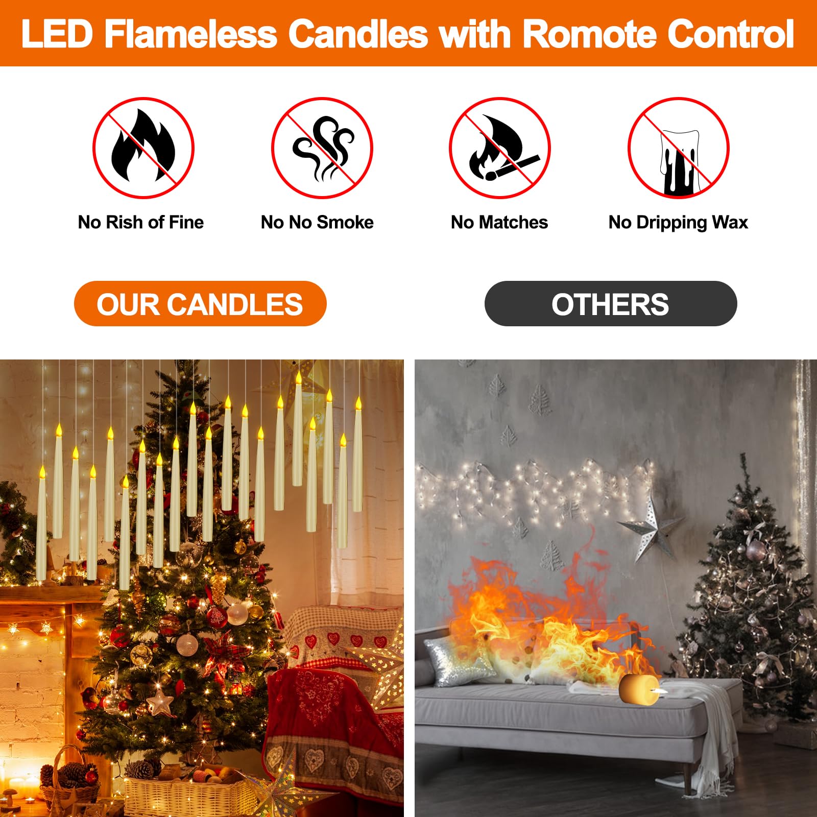 20 Pack Halloween Decorations Hanging Candles -Flameless Taper LED Floating Candles Magic Wand Remote Flickering Warm Light For Harry Potter Christmas Witch Wizard Wedding Birthday Party Home Décor