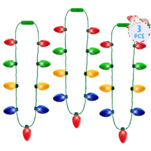 eoboh 3pcs light up christmas necklace, christmas bulb necklace light party favors, xmas red yellow blue green glow necklace, 3 modes light necklace accessories for ugly sweater new year bulk