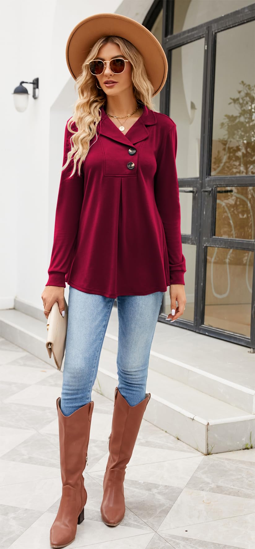 Newchoice Women Fall Long Sleeve Shirts Tops，Casual Winter Clothing Collar V Neck Tunics Or Tops To Wear With Leggings(Berry Red.M)