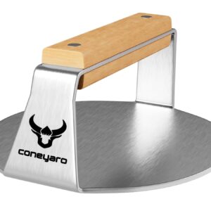 coneyaro Smash Burger Press 5.5" Stainless Steel Patty Maker - Non-Stick Smasher for Griddle Cooking - Wood Handle Grill Tool