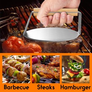 coneyaro Smash Burger Press 5.5" Stainless Steel Patty Maker - Non-Stick Smasher for Griddle Cooking - Wood Handle Grill Tool