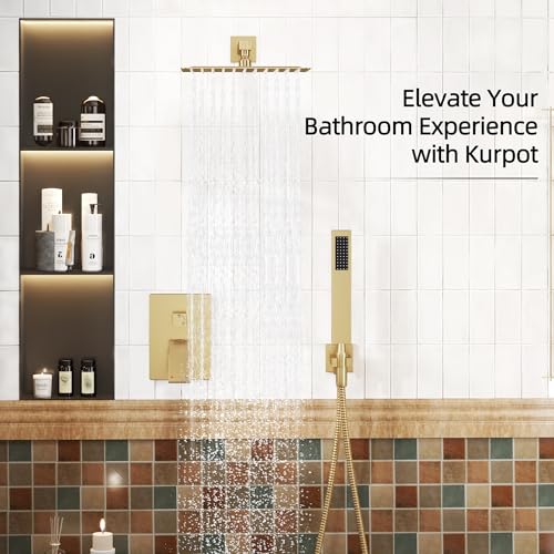 Kurpot Gold Shower System, 10'' Square Rainfall Shower Head with Handheld Combo Spray, Bathroom Brushed Gold Shower Faucet Set with Valve, 59'' Shower Hose, Shower Trim Kit and Diverter, Wall Mounted