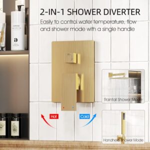 Kurpot Gold Shower System, 10'' Square Rainfall Shower Head with Handheld Combo Spray, Bathroom Brushed Gold Shower Faucet Set with Valve, 59'' Shower Hose, Shower Trim Kit and Diverter, Wall Mounted