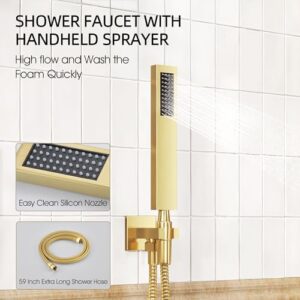 Kurpot Gold Shower System, 10'' Square Rainfall Shower Head with Handheld Combo Spray, Bathroom Brushed Gold Shower Faucet Set with Valve, 59'' Shower Hose, Shower Trim Kit and Diverter, Wall Mounted