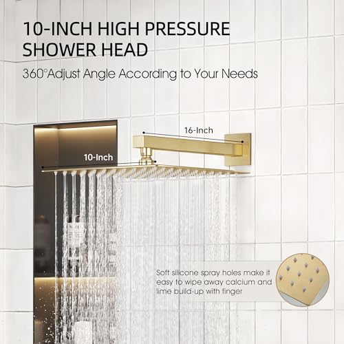 Kurpot Gold Shower System, 10'' Square Rainfall Shower Head with Handheld Combo Spray, Bathroom Brushed Gold Shower Faucet Set with Valve, 59'' Shower Hose, Shower Trim Kit and Diverter, Wall Mounted