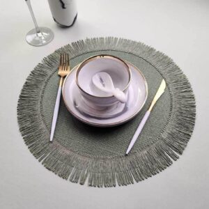 Placemats 4Pcs Jute Placemat Linen Fringe Holiday Round Table Mat Environmental Heat Insulation Non Slip Mat