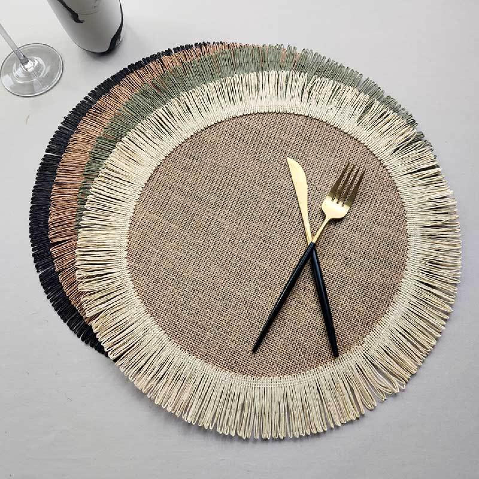 Placemats 4Pcs Jute Placemat Linen Fringe Holiday Round Table Mat Environmental Heat Insulation Non Slip Mat