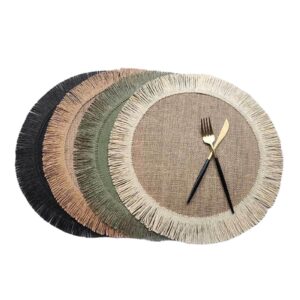 Placemats 4Pcs Jute Placemat Linen Fringe Holiday Round Table Mat Environmental Heat Insulation Non Slip Mat