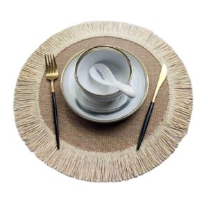 Placemats 4Pcs Jute Placemat Linen Fringe Holiday Round Table Mat Environmental Heat Insulation Non Slip Mat