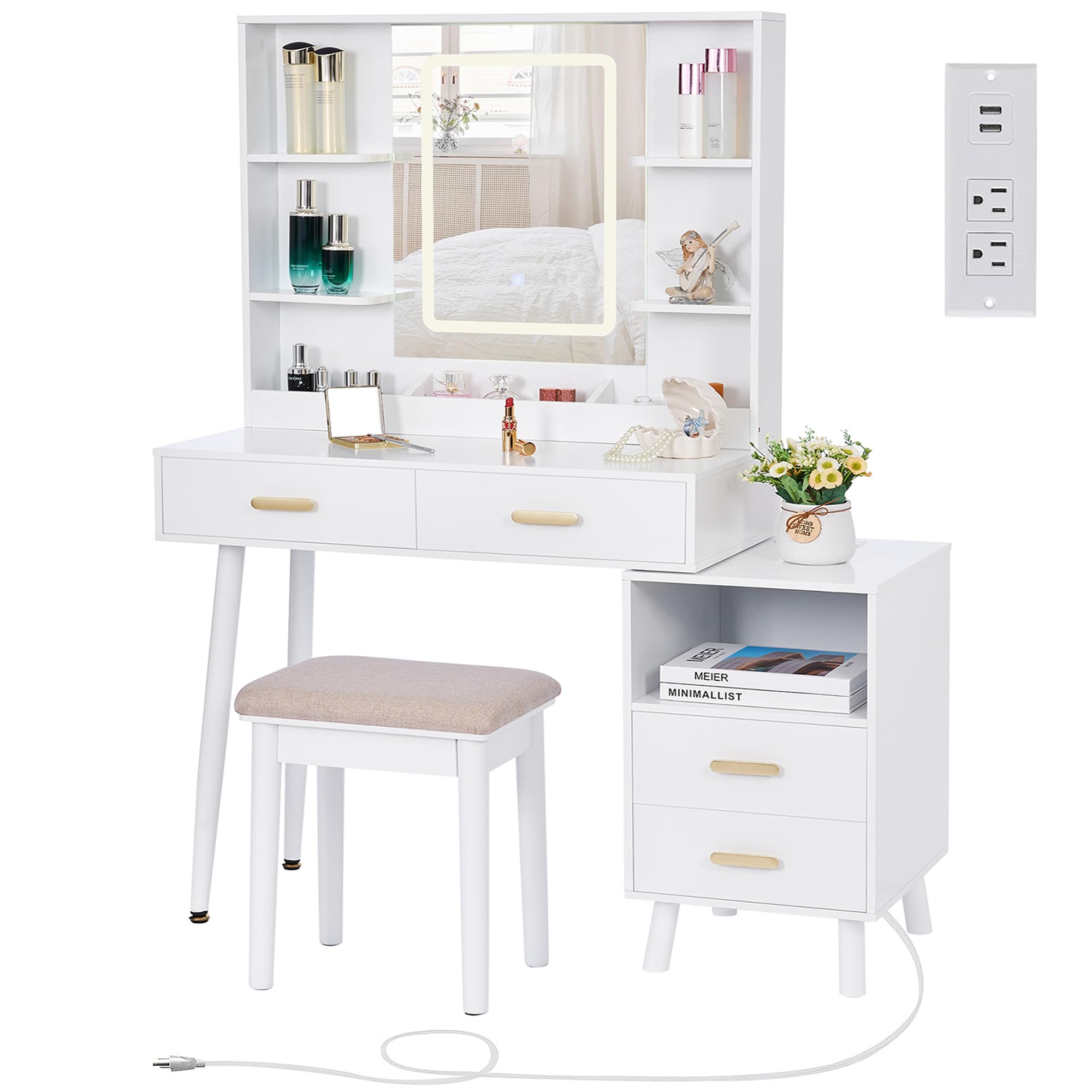 BEWISHOME Vanity Desk, White Vanity with Charging Station & Nightstand, Makeup Desk Makeup Vanity with Lights with 3 Colors Modes, Makeup Table Vanity Table with Stool Dressing Table Vanity Set FST18W