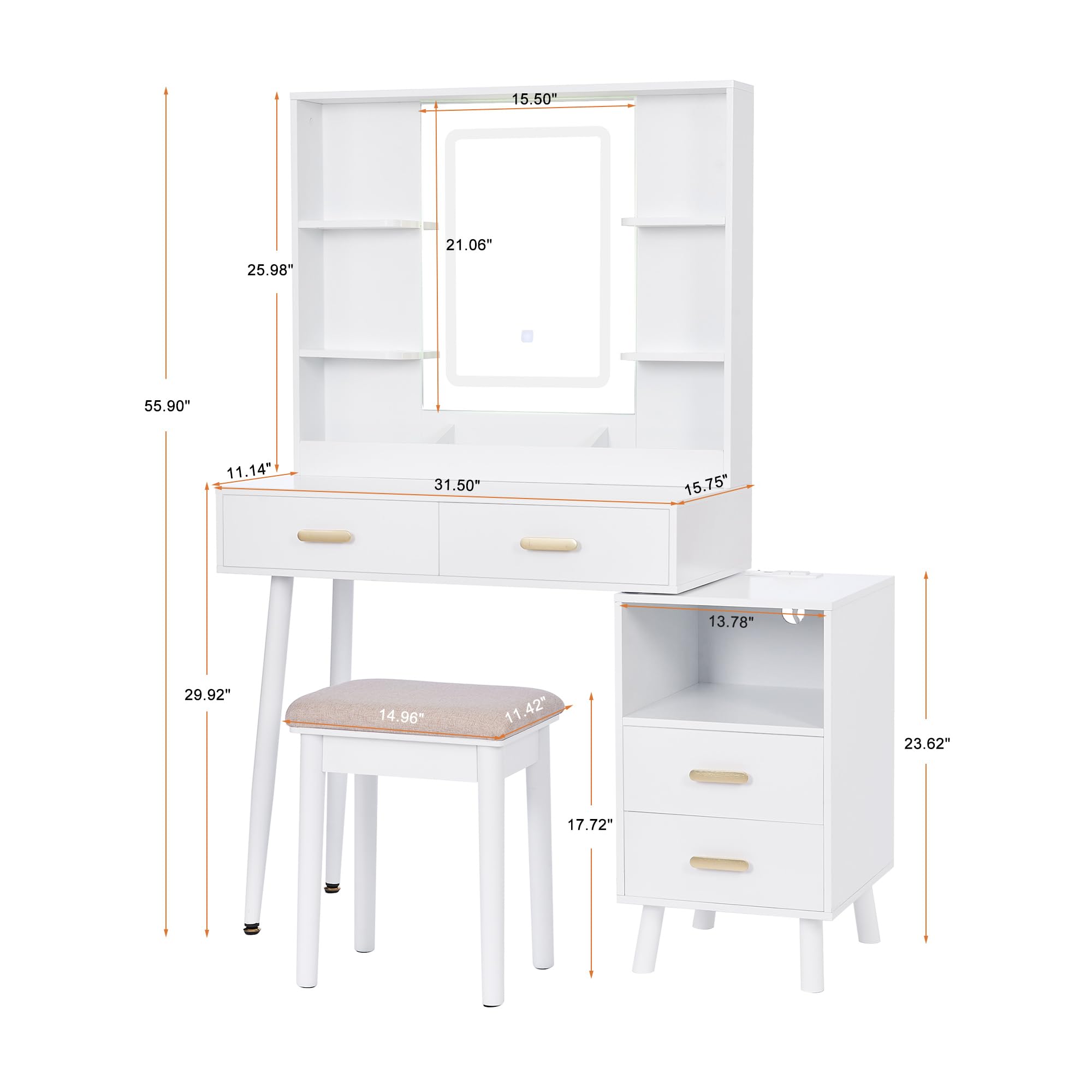 BEWISHOME Vanity Desk, White Vanity with Charging Station & Nightstand, Makeup Desk Makeup Vanity with Lights with 3 Colors Modes, Makeup Table Vanity Table with Stool Dressing Table Vanity Set FST18W