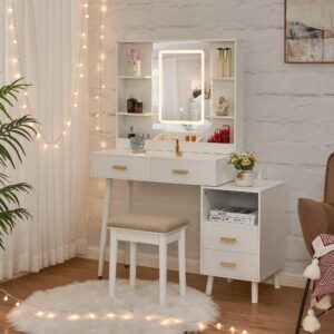 BEWISHOME Vanity Desk, White Vanity with Charging Station & Nightstand, Makeup Desk Makeup Vanity with Lights with 3 Colors Modes, Makeup Table Vanity Table with Stool Dressing Table Vanity Set FST18W