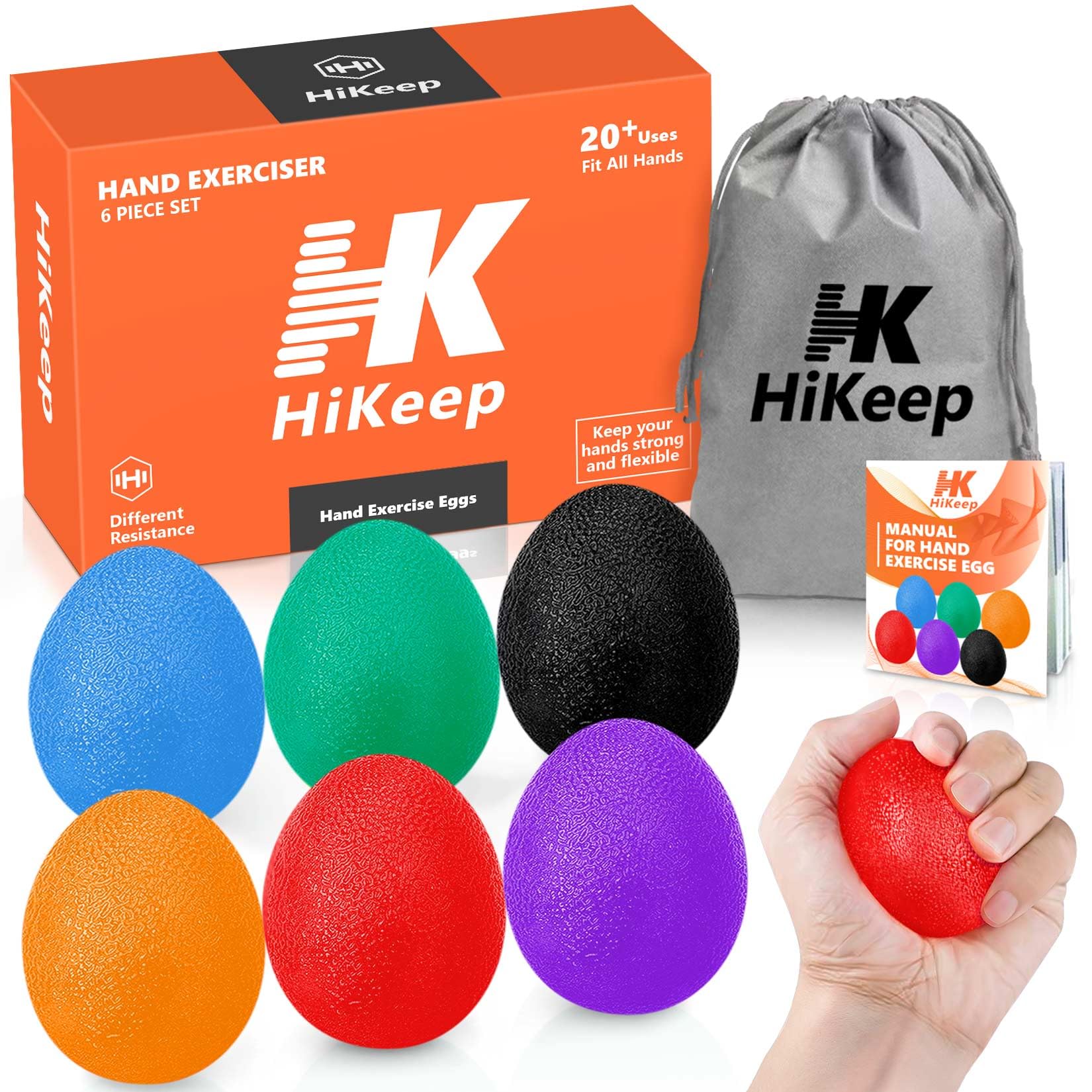 HiKeep Hand Exercise Balls, Egg Shape Physical Therapy Different Resistance Workout Kit - Set of 6