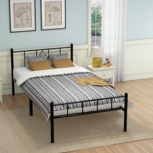 mavesmog twin bed frames 14 inch metal platform mattress foundation twin size bed frame with headboard footboard for kids, no box spring needed, under bed storage, easy assembly black