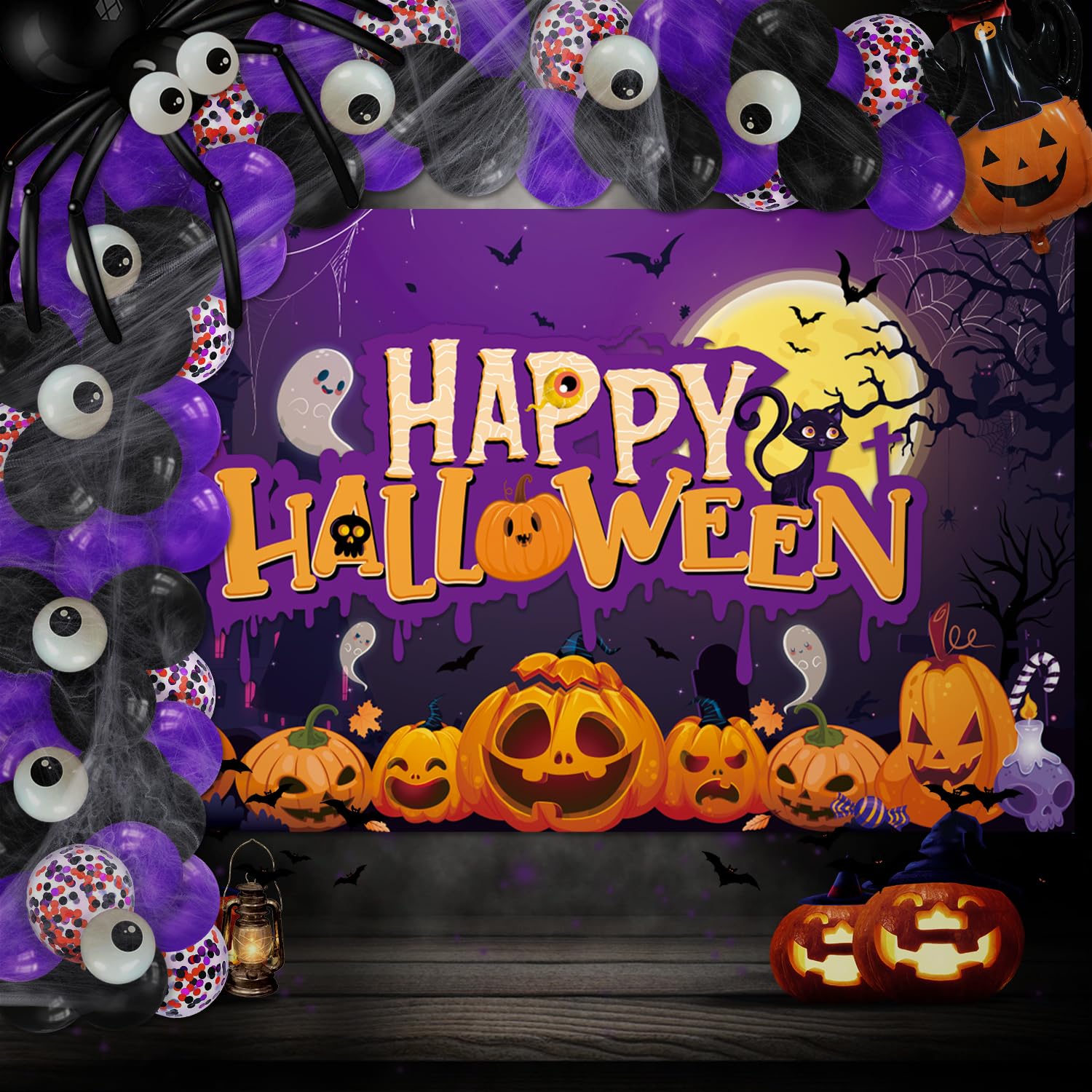 KORHONEN Halloween Balloon Garland Arch Kit, Halloween Birthday Party Decorations Includes Halloween Purple Black Confetti Balloons Halloween Foil Balloon and Happy Halloween Banner Indoor Outdoor