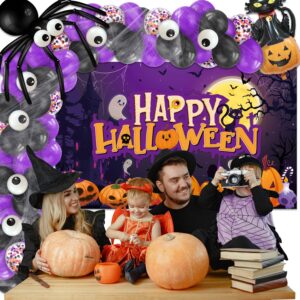 KORHONEN Halloween Balloon Garland Arch Kit, Halloween Birthday Party Decorations Includes Halloween Purple Black Confetti Balloons Halloween Foil Balloon and Happy Halloween Banner Indoor Outdoor