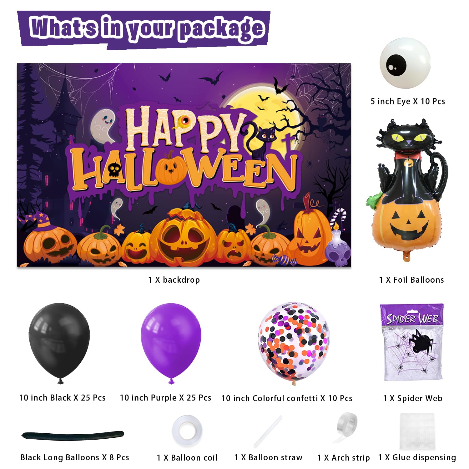 KORHONEN Halloween Balloon Garland Arch Kit, Halloween Birthday Party Decorations Includes Halloween Purple Black Confetti Balloons Halloween Foil Balloon and Happy Halloween Banner Indoor Outdoor