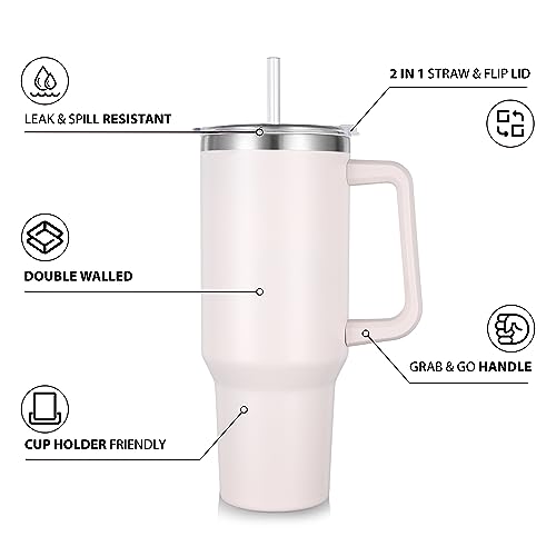 40 oz Tumbler with Handle and Straw, Insulated Stainless Steel Tumbler with 2 In 1 Lid, Double Vacuum Travel Mug Coffee Cup, Rose Quartz Pack 2