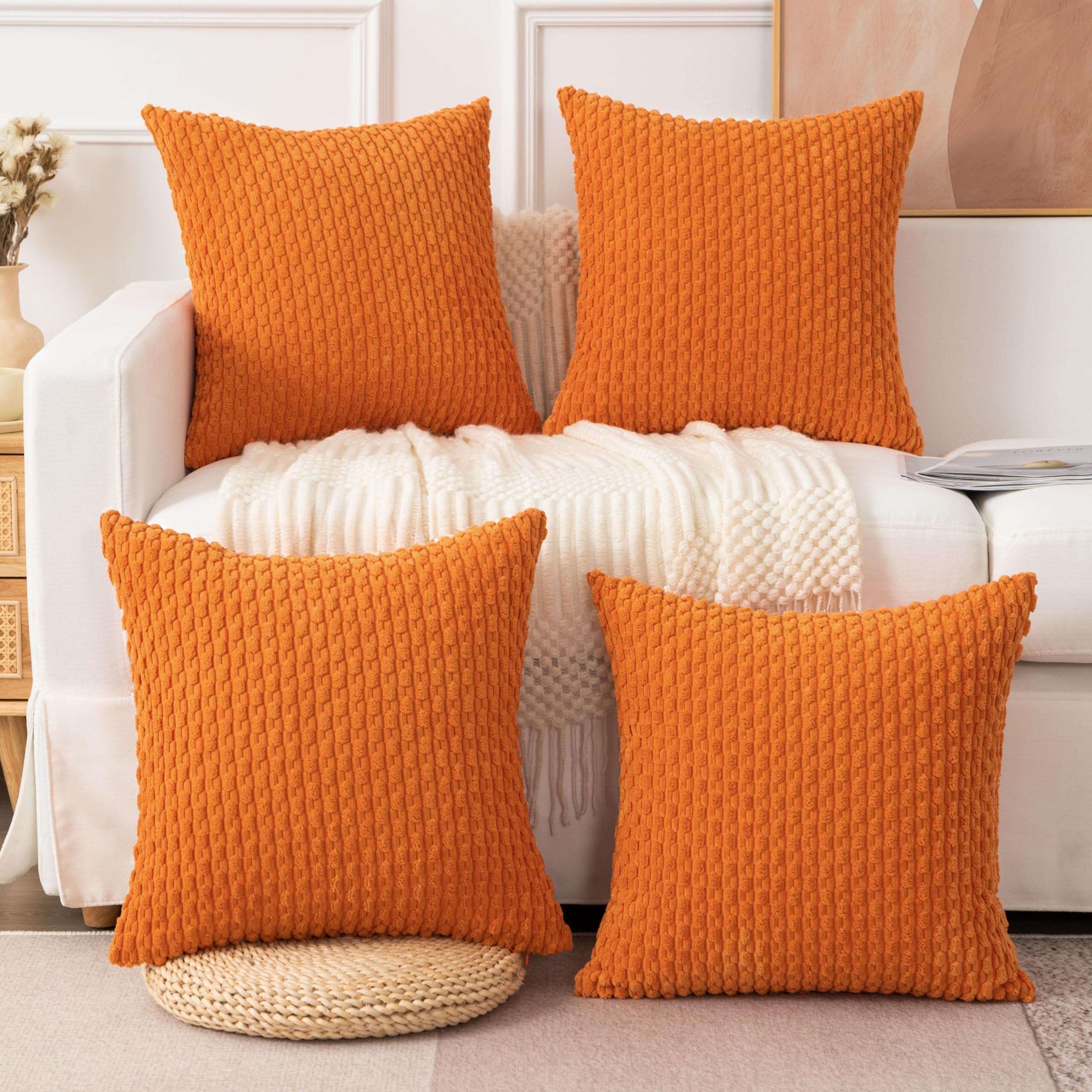 UGASA Soft Corduroy Pillow Covers Pack of 4 Boho Stripe Decorative Pillow Covers Pillowcases 18x18 Inch Home Decor Modern Farmhouse for Sofa Living Room Couch Bed, Orange