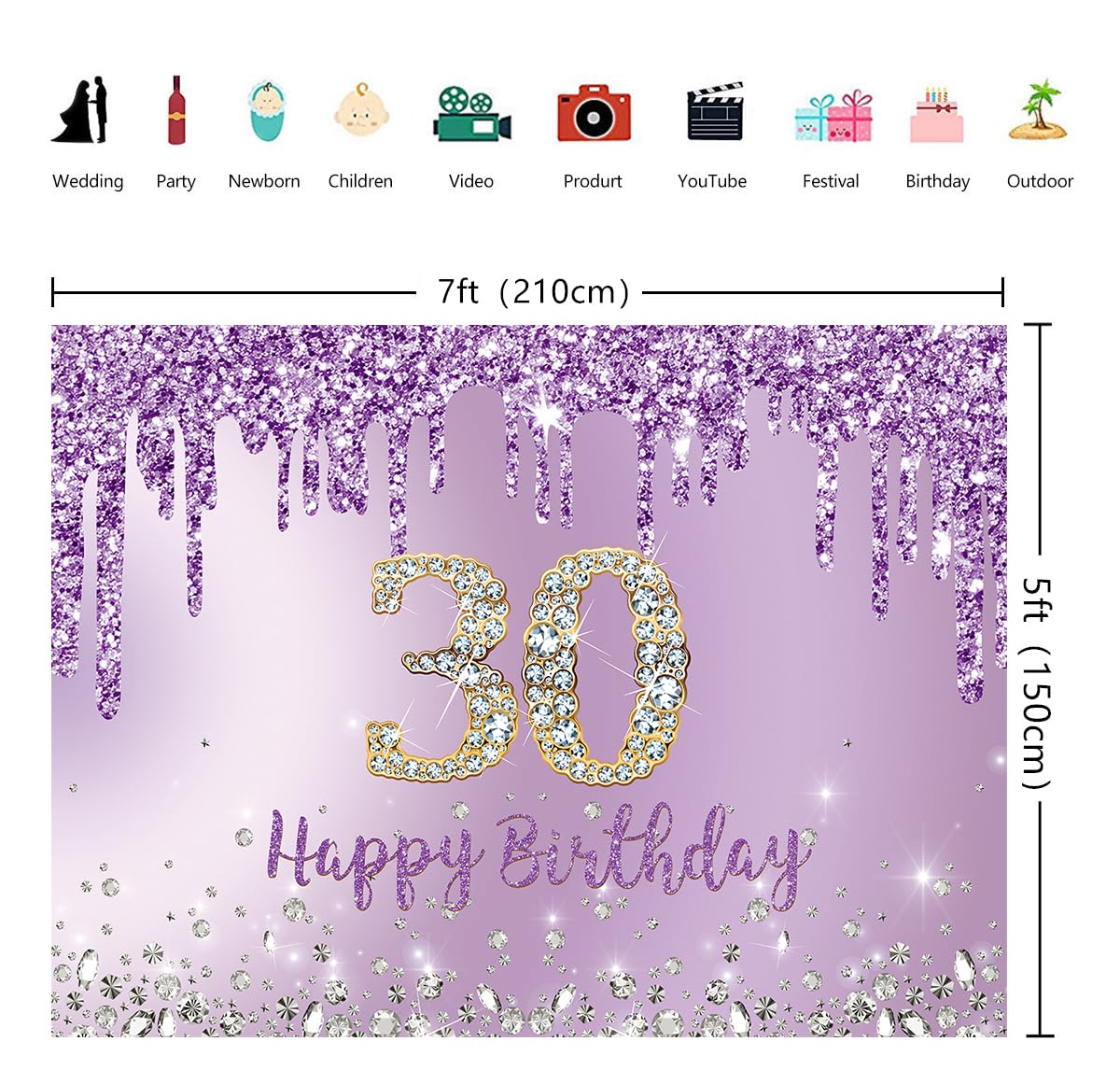 INRUI Purple Happy 30th Birthday Photography Background Girls Sweet Thirty Years Old Birthday Party Decorations Backdrop 7x5FT