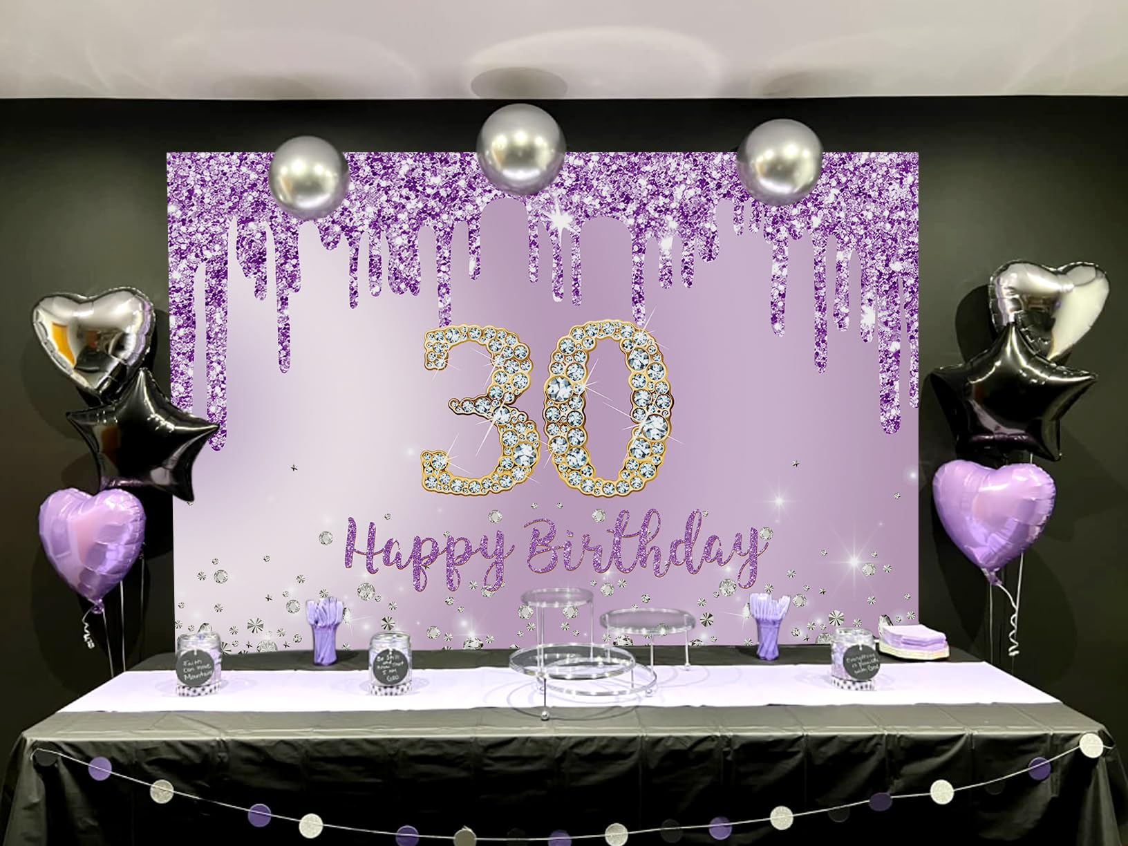 INRUI Purple Happy 30th Birthday Photography Background Girls Sweet Thirty Years Old Birthday Party Decorations Backdrop 7x5FT