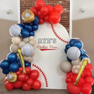 rookie of the year 1st birthday decorations 144pcs baseball balloon arch garland kit red white sand navy blue with baseball glove, exploding star balloon for baseball sports birthday decorations