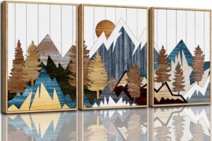 chditb mountain framed canvas wall art set, country woodcut style wall decor, forest nature wilderness wall painting, modern art prints for living room, bedroom, farmhouse - large size 16"x24"x3