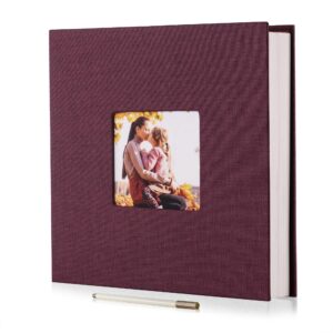 honeytolly large photo album self adhesive with picture display window, diy scrapbook album for 4x6 8x10 pictures, 40 pages linen cover memory book with scraper and metallic pen(purple)