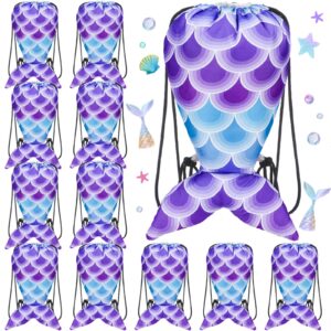 silkfly 12 pcs mermaid party favor bags bulk mermaid drawstring backpack gift cloth bags purple blue gradient mermaid beach bag for girls kid gift party baby shower birthday supply