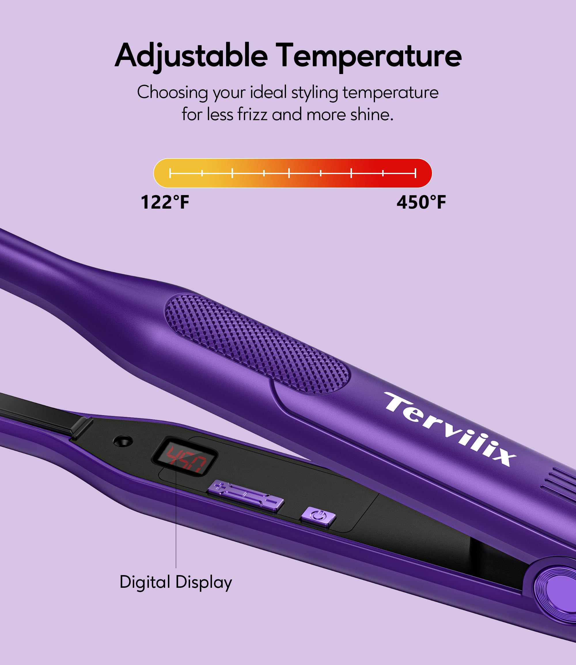 Terviiix Ceramic Pencil Flat Iron for Edges, 3/10 Inch Skinny Hair Straightener with LCD Digital Display, Mini Flat Iron for Pixie & Beard, Small Flat Irons for Short Hair, Auto Shut Off, Purple