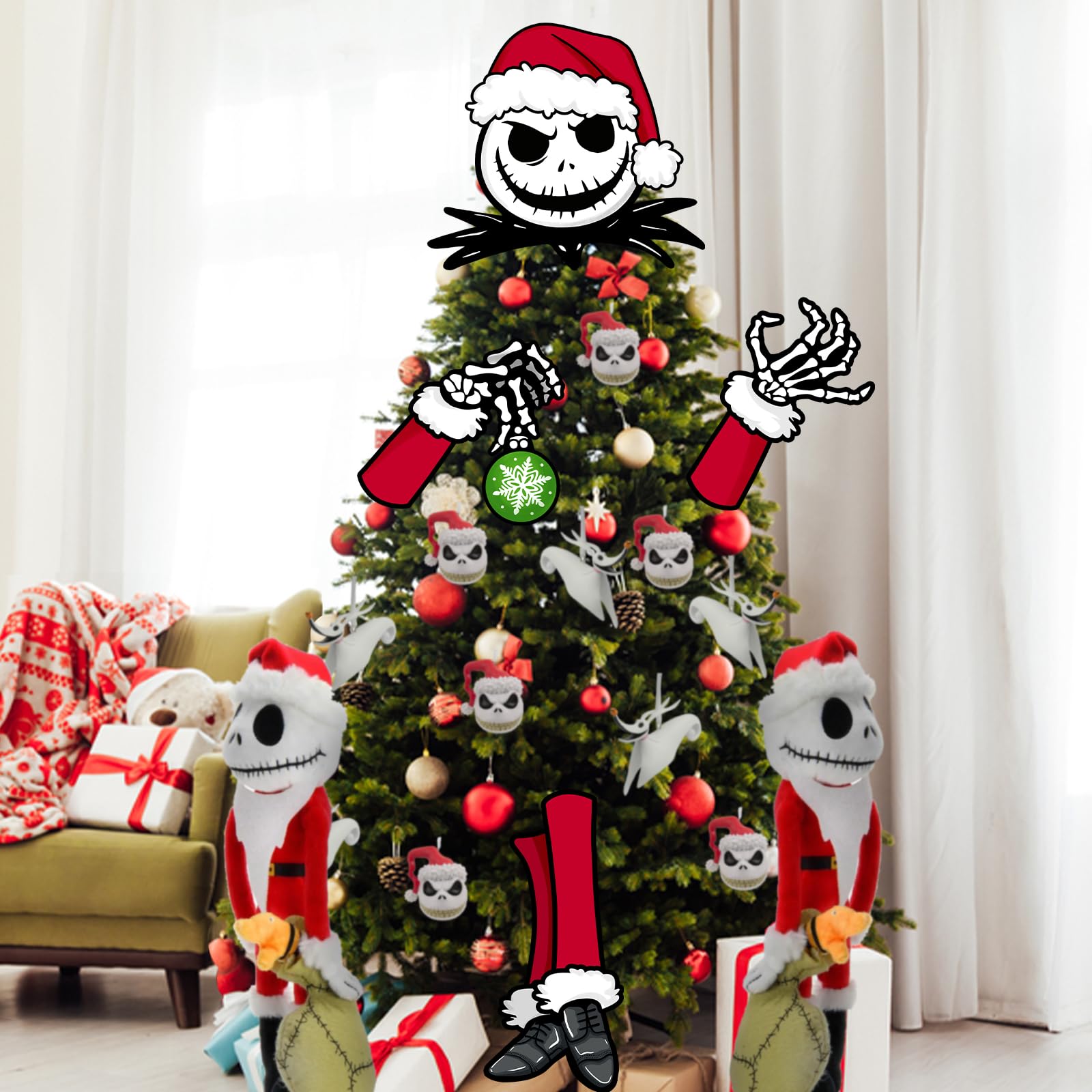 Auirre Jack Skellington Christmas Tree Topper Head Arms and Legs, Xmas Spooky Skull Decorative Tree Ornaments Decor, Funny Holiday Indoor Home Decorations Gothic Themed Party Supplies