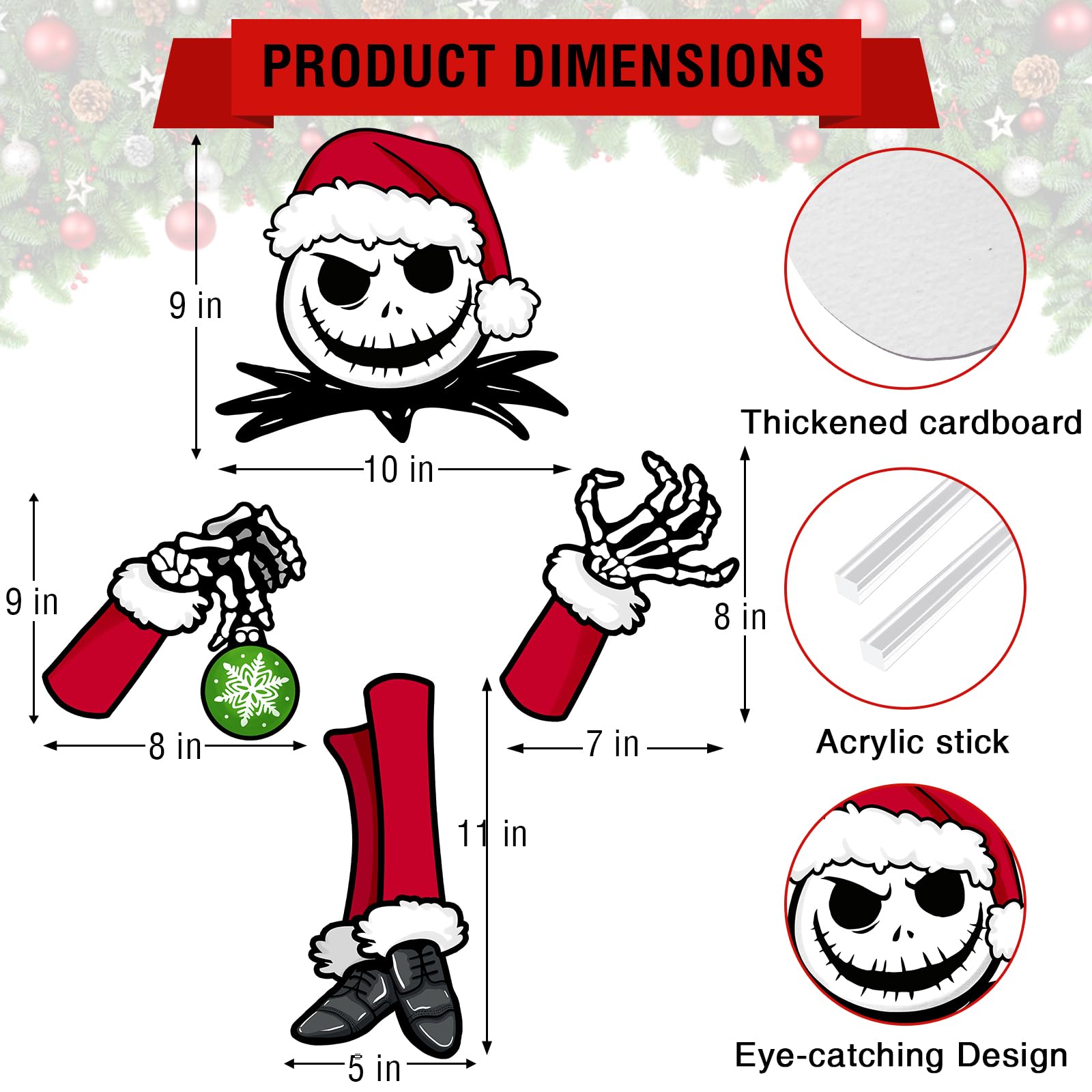 Auirre Jack Skellington Christmas Tree Topper Head Arms and Legs, Xmas Spooky Skull Decorative Tree Ornaments Decor, Funny Holiday Indoor Home Decorations Gothic Themed Party Supplies