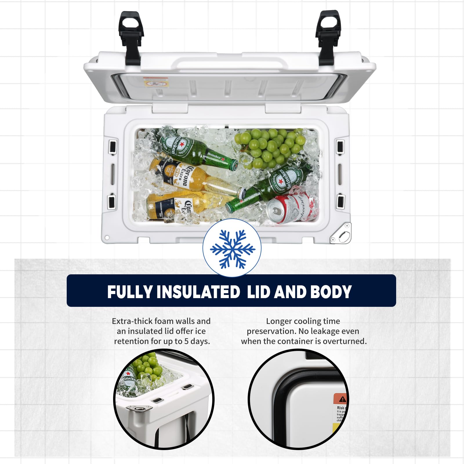 EchoSmile 25/30/35/40/75 Quart Rotomolded Cooler, 5 Days Protale Ice Cooler, Ice Chest Suit for BBQ, Camping, Pincnic, and Other Outdoor Activities (White, 30QT)