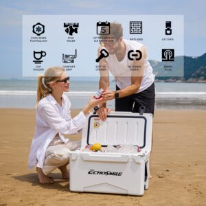 EchoSmile 25/30/35/40/75 Quart Rotomolded Cooler, 5 Days Protale Ice Cooler, Ice Chest Suit for BBQ, Camping, Pincnic, and Other Outdoor Activities (White, 30QT)