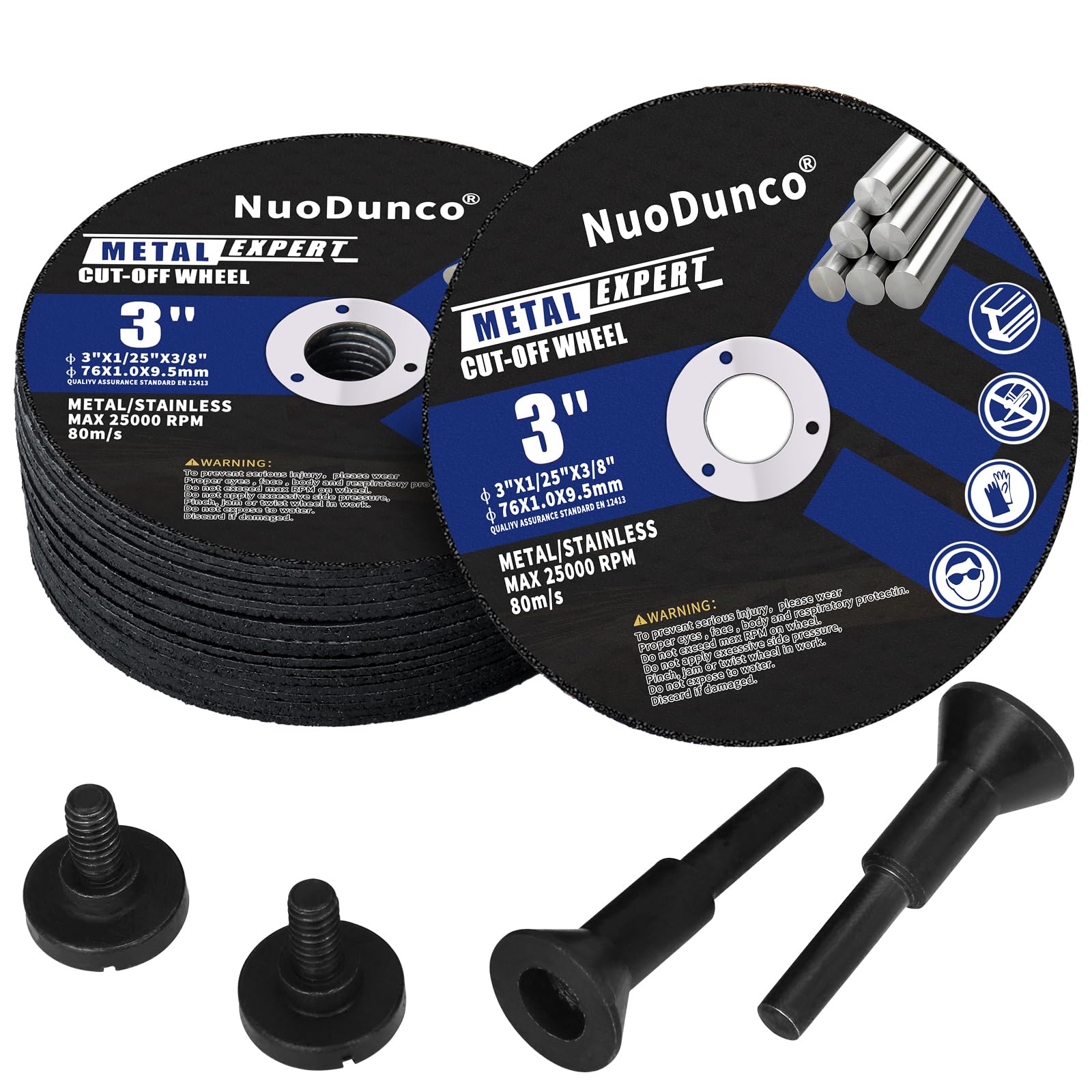 NuoDunco 24 Pack Cut-Off Wheel 3 Inch, 3” x 1/25” x 3/8” Cutting Wheel, Metal & Stainless Steel Cutter Discs with 1/4 Stem Mounting Mandrel for Die Grinder Rotary Tool Drill Attachment