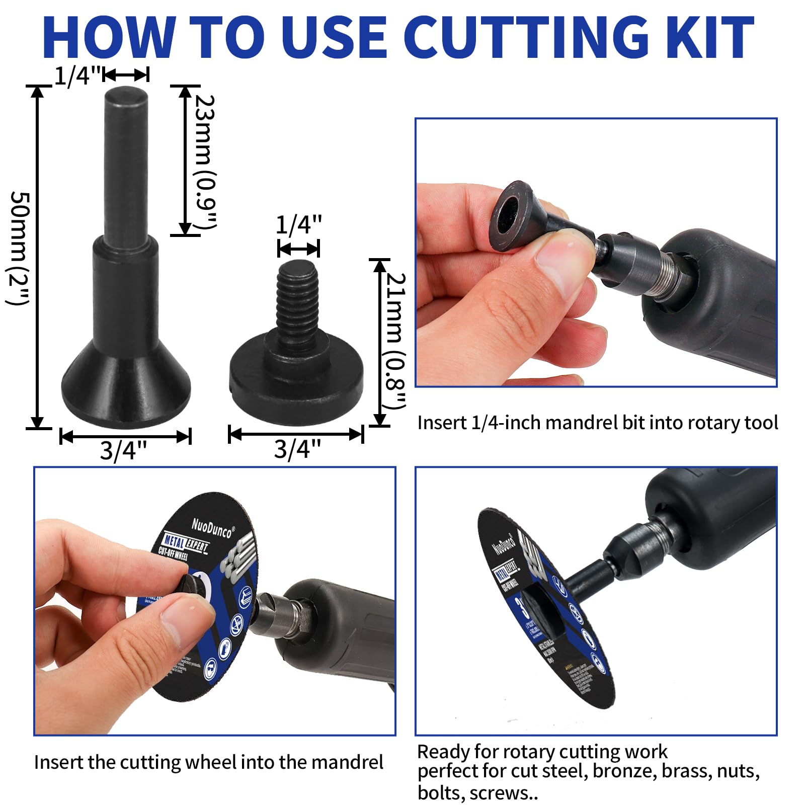 NuoDunco 24 Pack Cut-Off Wheel 3 Inch, 3” x 1/25” x 3/8” Cutting Wheel, Metal & Stainless Steel Cutter Discs with 1/4 Stem Mounting Mandrel for Die Grinder Rotary Tool Drill Attachment