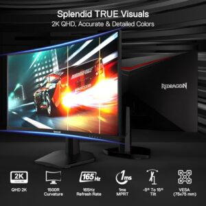 Redragon 27" 144hz/165HZ Curve Gaming Monitor, QHD 2K (2560X1440) IPS Frameless Computer Monitor, 1ms Response Time, Fully Compatible, VESA Wall Mount