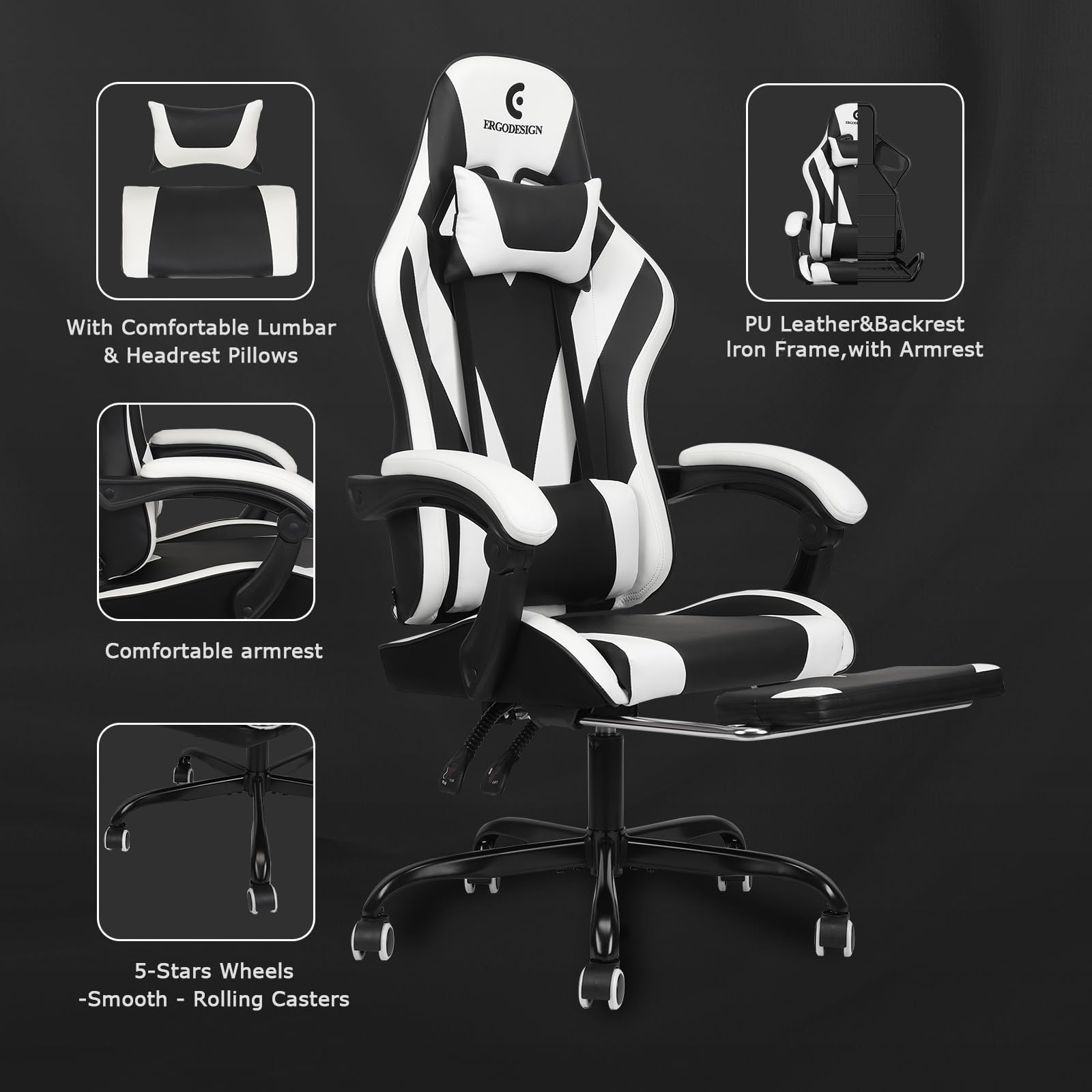 ErgoDesign Gaming Chair with Linkage Armrest & Footrest, High Back Video Gaming Chair, Black/White