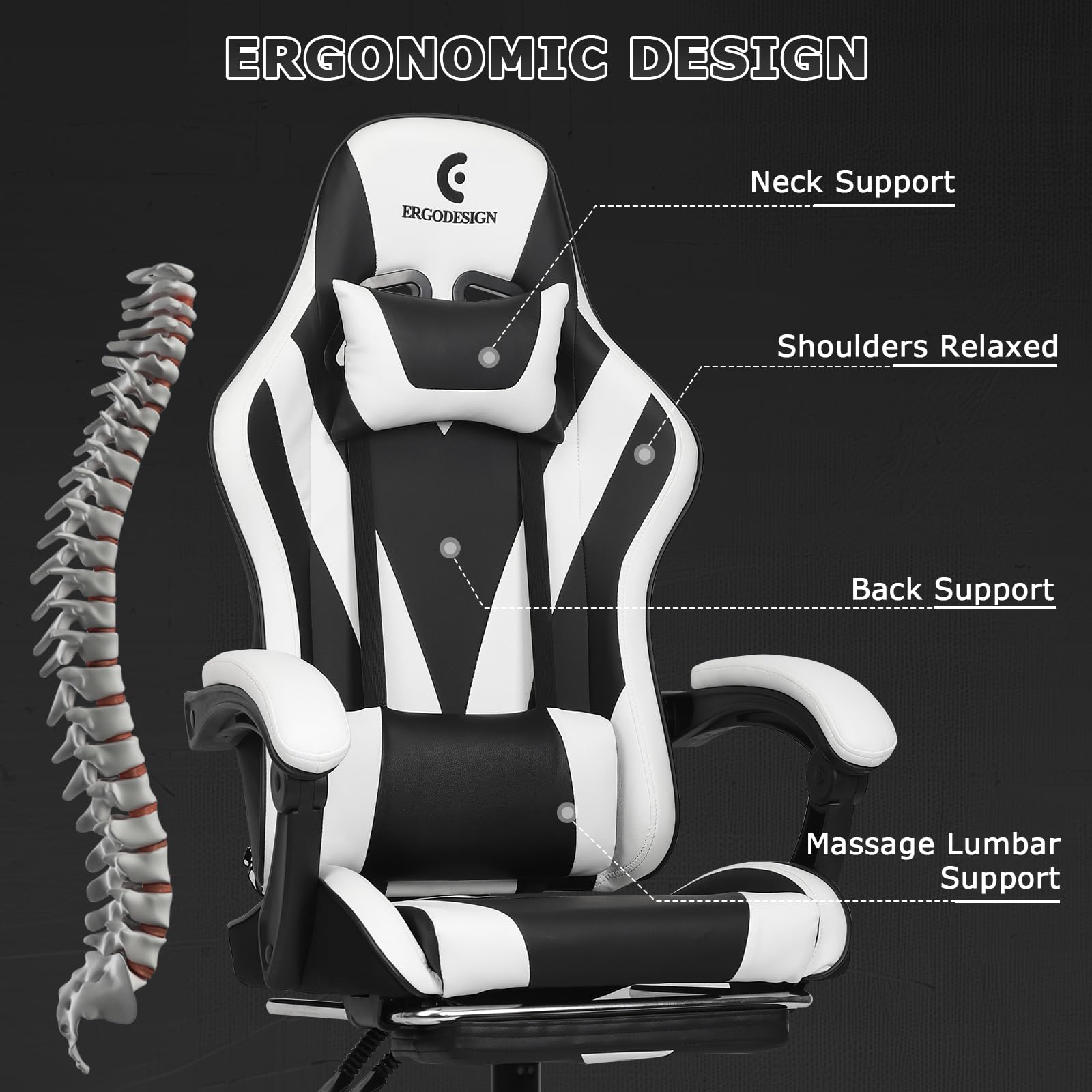 ErgoDesign Gaming Chair with Linkage Armrest & Footrest, High Back Video Gaming Chair, Black/White