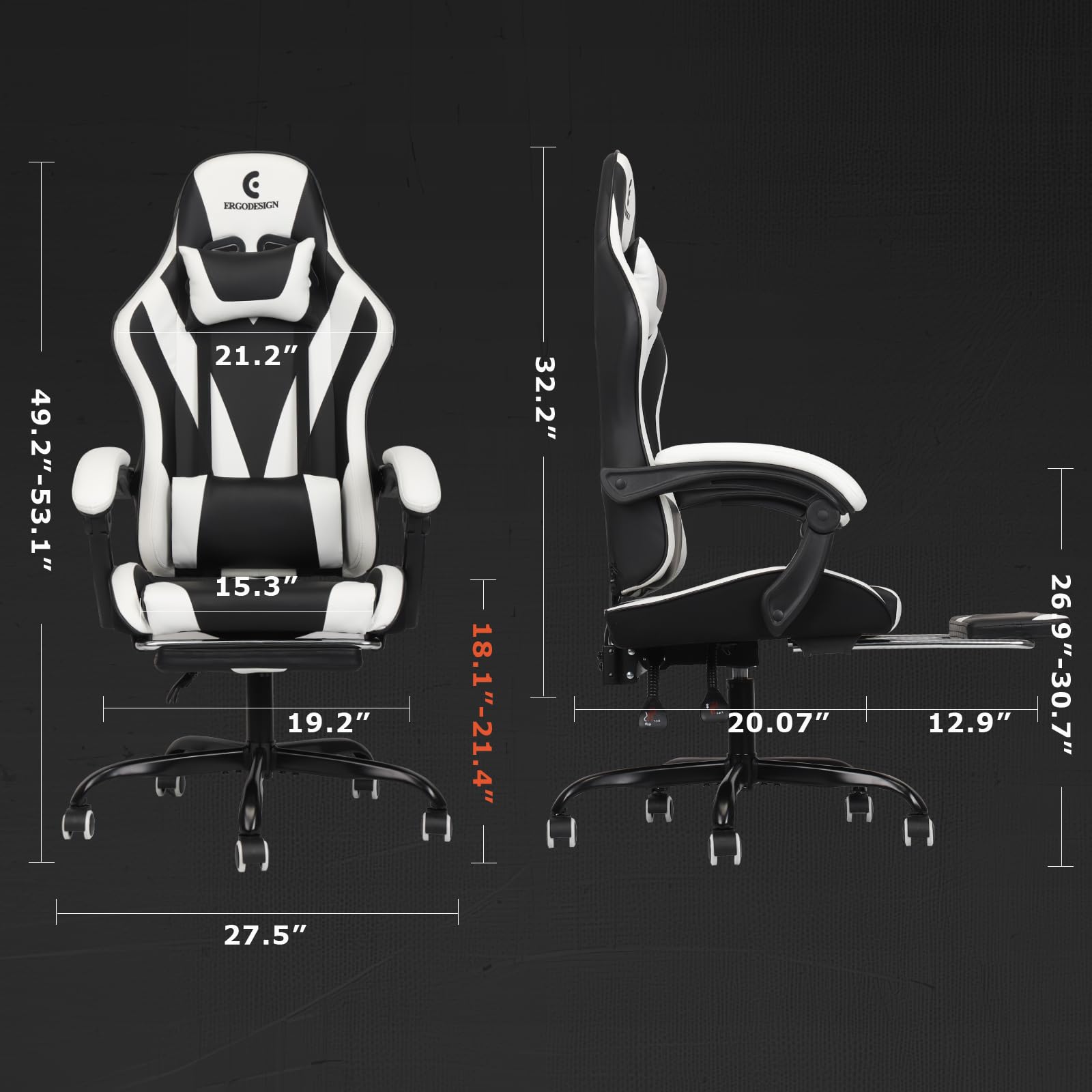 ErgoDesign Gaming Chair with Linkage Armrest & Footrest, High Back Video Gaming Chair, Black/White