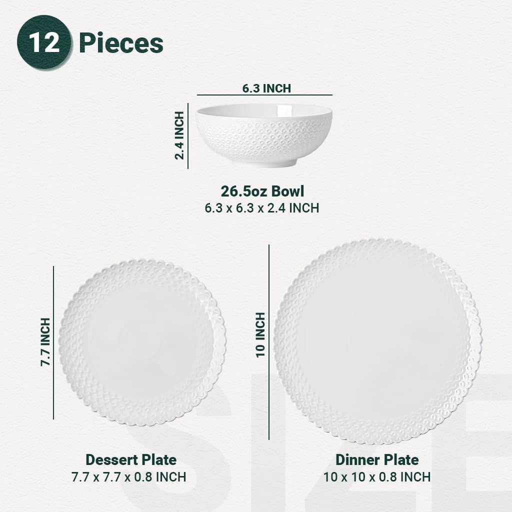 HOMBENE Plates and Bowls Sets, 12 Piece Dinnerware Sets with Dishes, Bowls and Plates Set, Porcelain Dinner Set with Plates, Modern Dish Set for 4