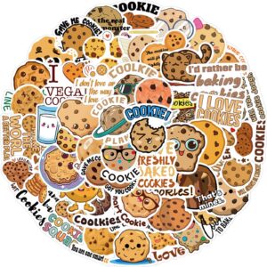 50 pieces cookie stickers cute snack cake chocolate chip cookie sticker pack waterproof vinyl decors for phone water bottle laptop scrapbook lunch box skateboard for children (cookie)