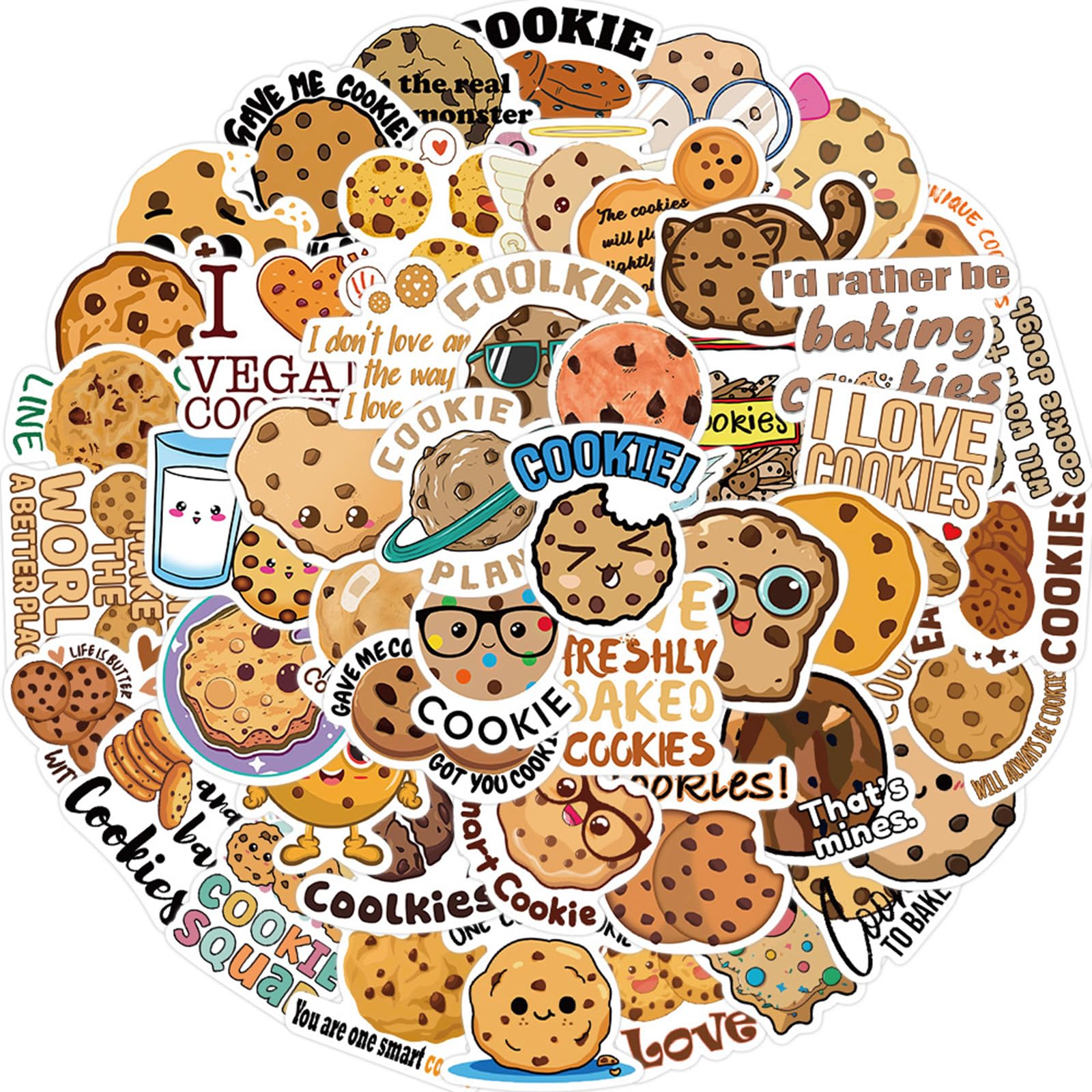 50 Pieces Cookie Stickers Cute Snack Cake Chocolate Chip Cookie Sticker Pack Waterproof Vinyl Decors for Phone Water Bottle Laptop Scrapbook Lunch Box Skateboard for Children (Cookie)