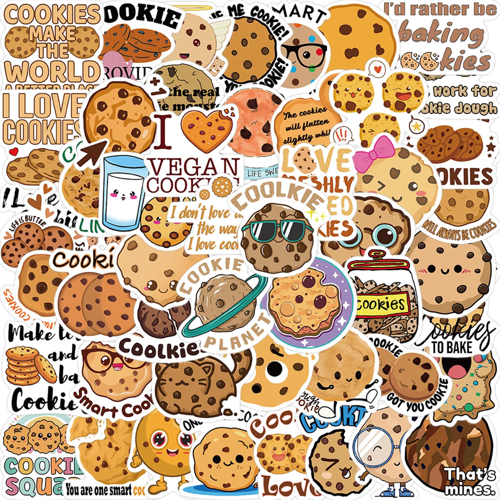 50 Pieces Cookie Stickers Cute Snack Cake Chocolate Chip Cookie Sticker Pack Waterproof Vinyl Decors for Phone Water Bottle Laptop Scrapbook Lunch Box Skateboard for Children (Cookie)