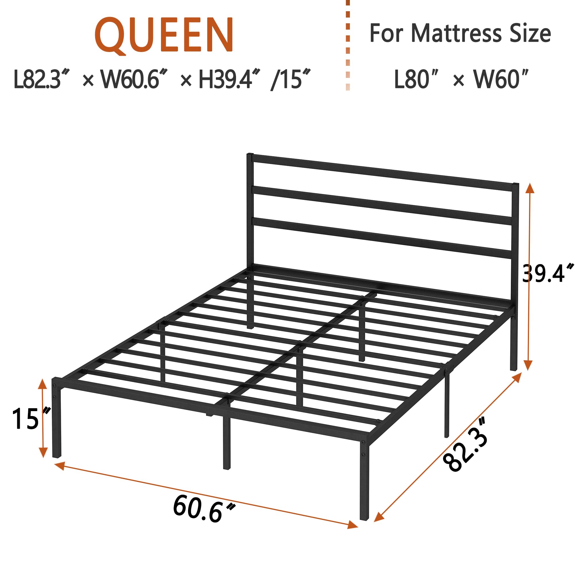 Closadin Queen Size Platform Bed Frame with Headboard,Sturdy Heavy Duty Metal Slats Support for Mattress,No Box Spring Needed,Easy to Assemble,Black