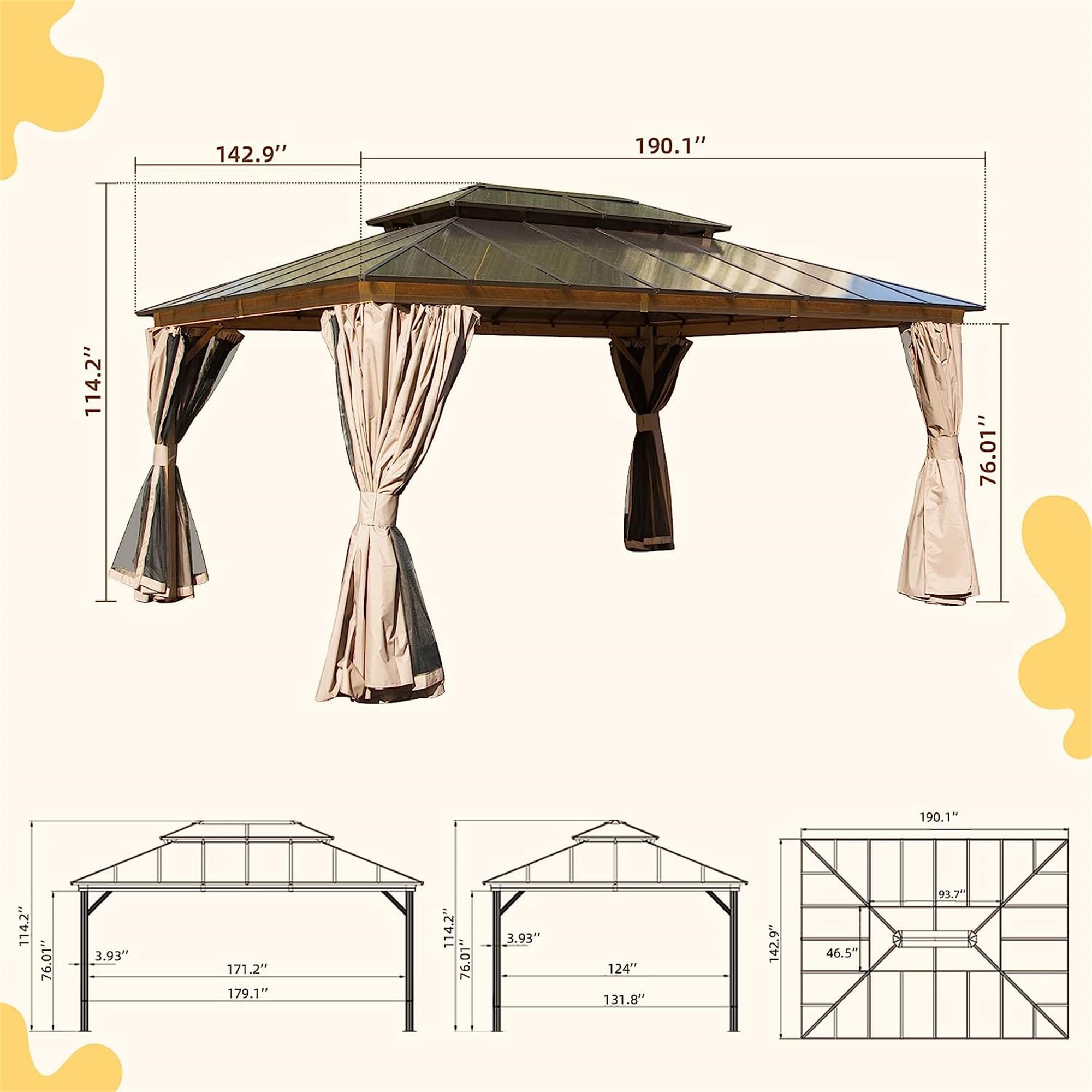 Goohome 12 x 16FT Hardtop Gazebo, Aluminum Frame Double Roof Gazebo with Mosquito Net and Curtains, Outdoor Permanent Hard Top Waterproof Pergola for Shade and Rain for Lawn, Backyard, Deck