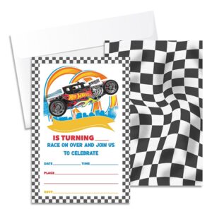 20 hot cars birthday party invitations cards with envelopes 4"x6" - red hot race car themed birthday party supplies, wheels party invitations, decorations, favors for boys girls kids teens. (044)